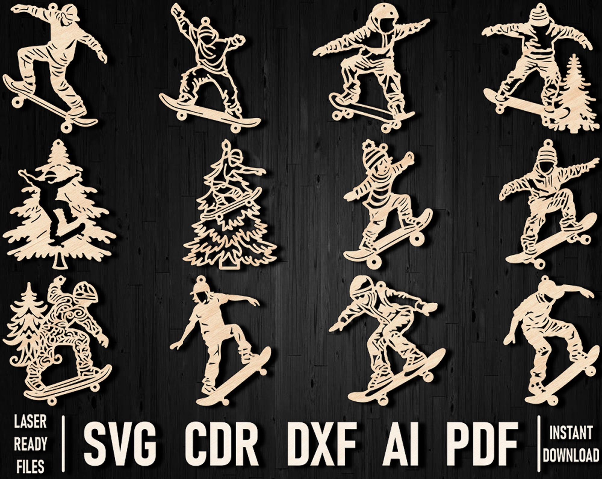Skateboard Christmas Laser Cut SVG Ornaments Files